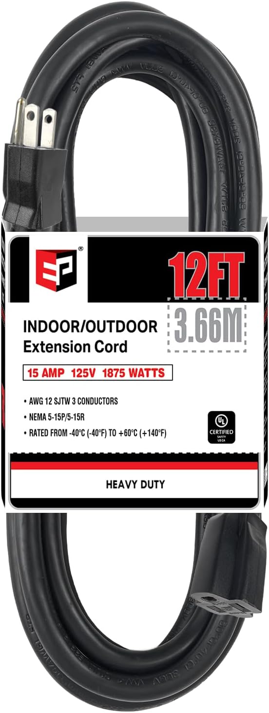 EP 12 Ft Outdoor Extension Cord - 12/3 SJTW Heavy Duty Black Extension ...
