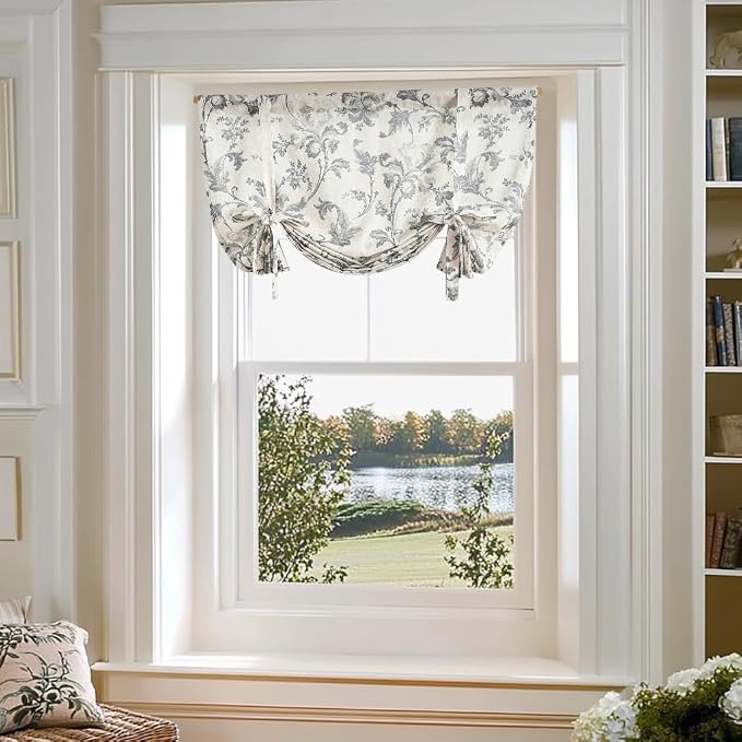 Amazon.com: jinchan Tie Up Valance Floral Linen Gray Valance for ...
