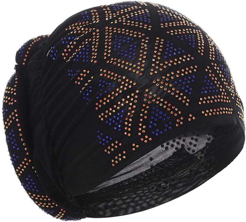 Woeoe African Rhinestone Turban Cap Black Pre Tied Headscarf Bonnet ...