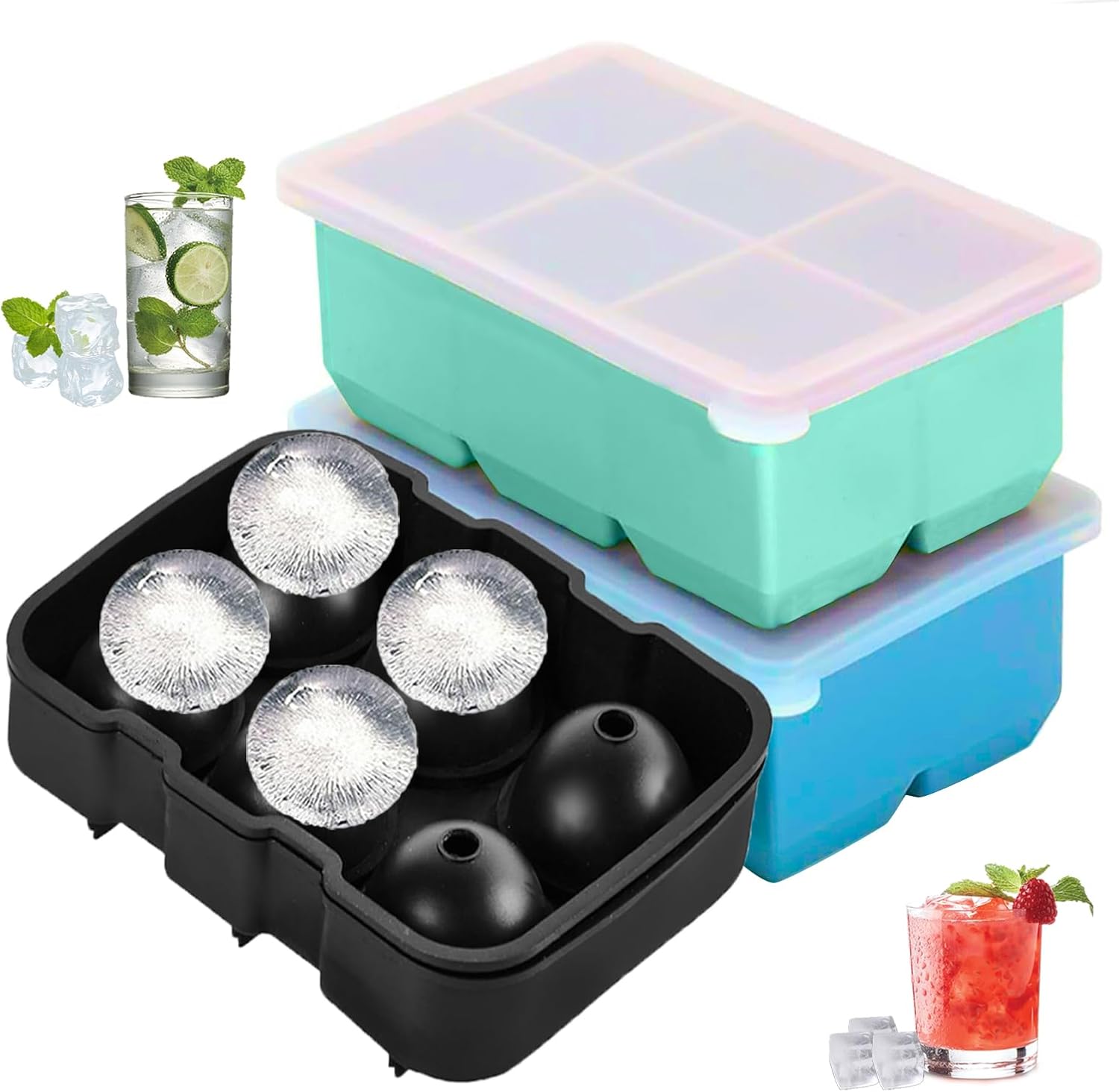 Amazon.com: Silicone Ice Cube Trays 2-in-1 Combo: Large Square Ice Cube ...