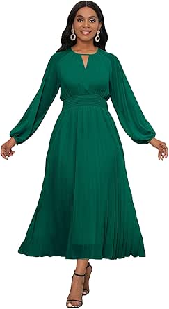 Amazon.com: VERWIN Chiffon Dresses for Women Long Sleeve Round Neck ...