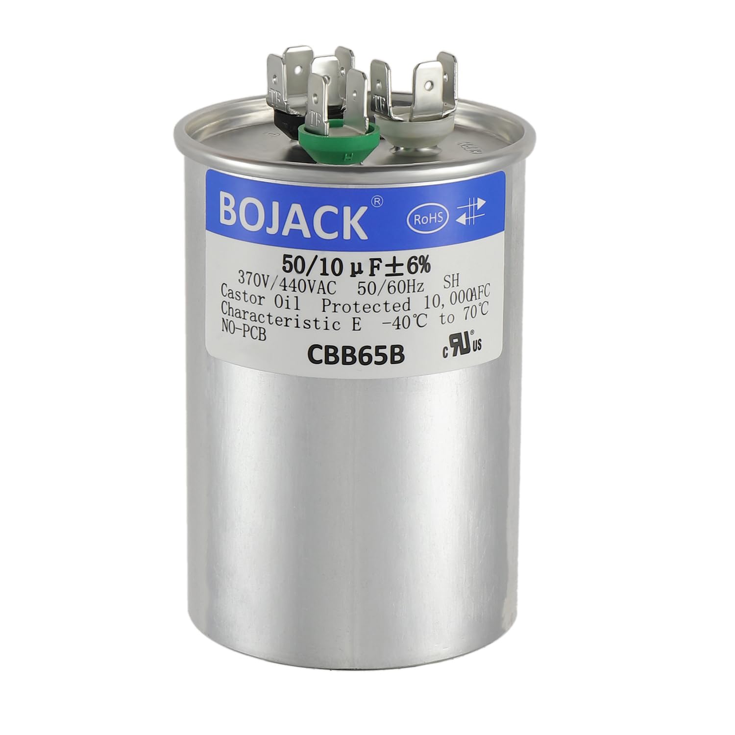 BOJACK 50+10 uF ±6% 50/10 MFD 370/440 VAC CBB65B Dual Run Start Round Capacitor for Condenser ...