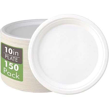Amazon.com: Vplus 150 Pack Compostable Disposable Paper Plates 10 inch ...