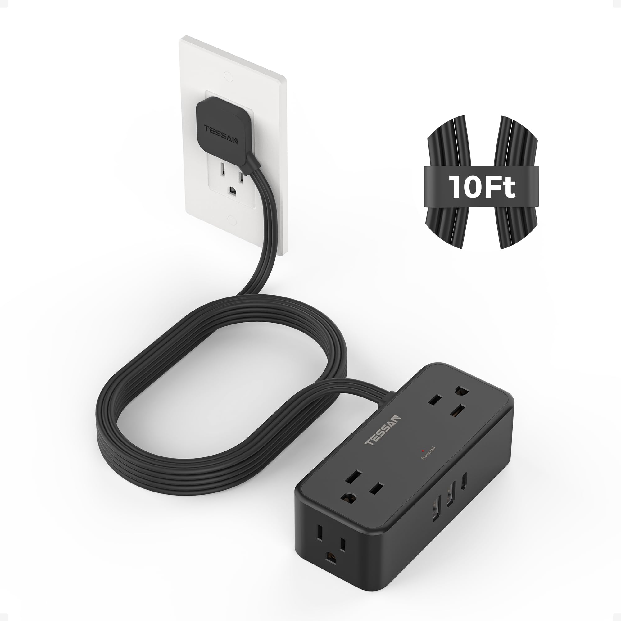 Snapklik.com : Black Extension Cord 10 Ft, TESSAN Power Strips