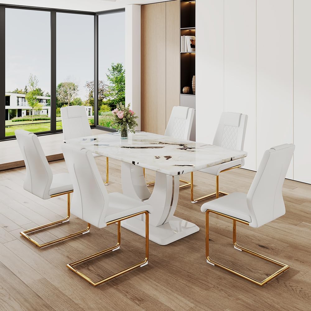 Amazon.com - JUFU Modern Dining Set Table and 6 Chairs,White Faux ...