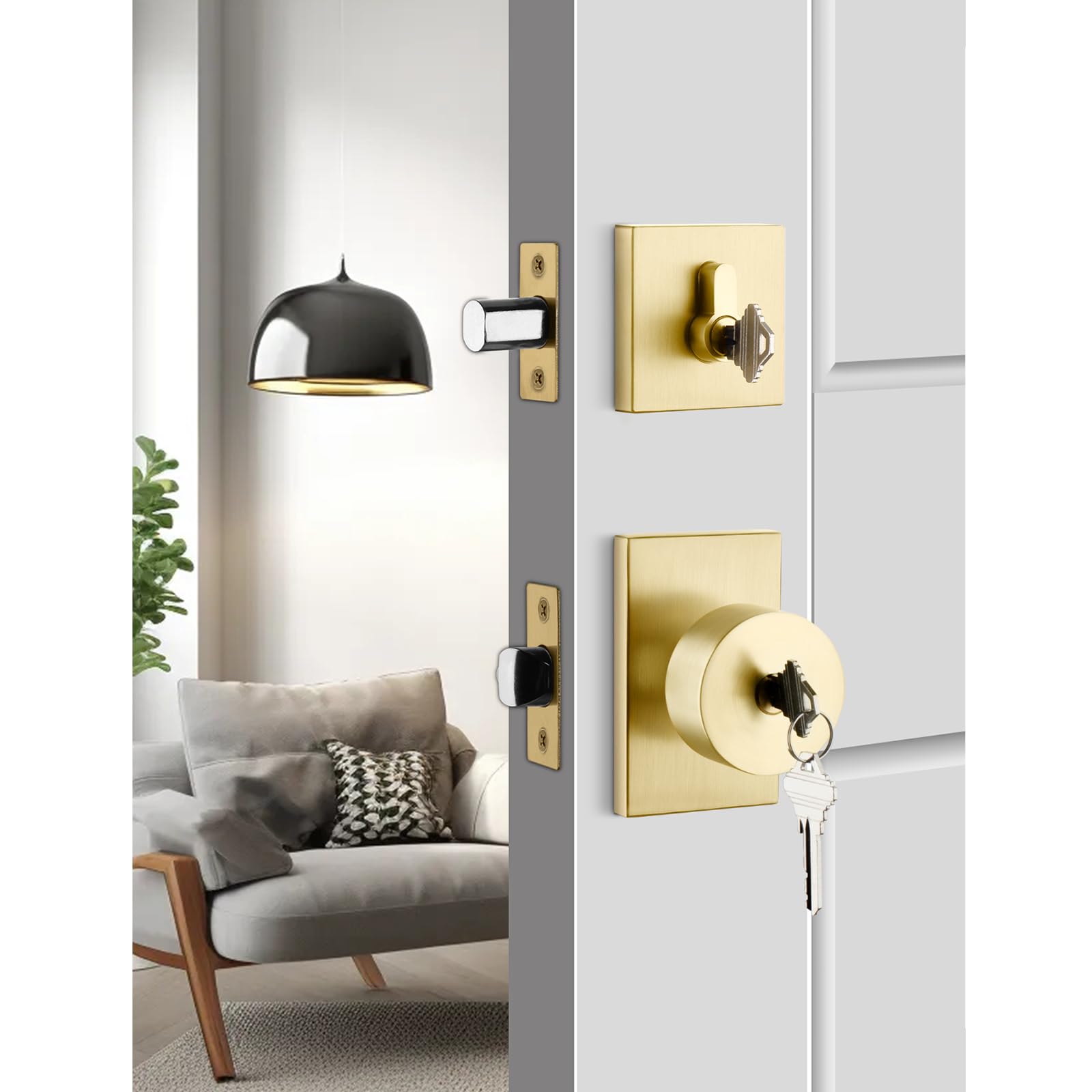 Haidms Gold Door Knob with Deadbolt Keyed Alike, Square Contemporary ...