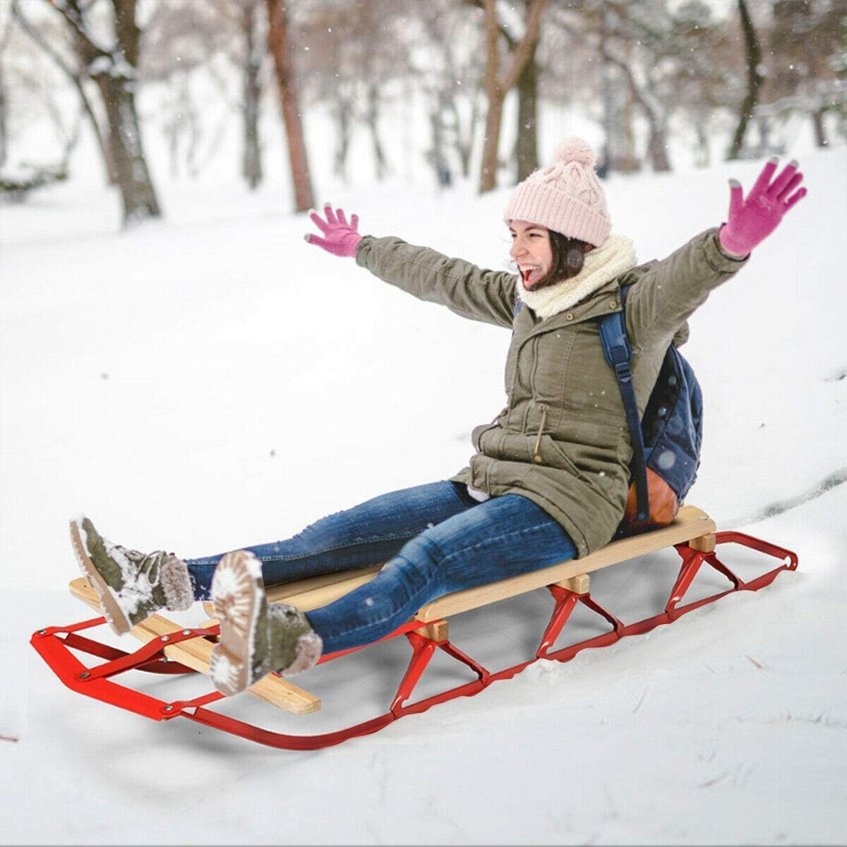 Amazon.com : Nightcore Wooden Steel Runner Sled, 54'' Pull Steering ...