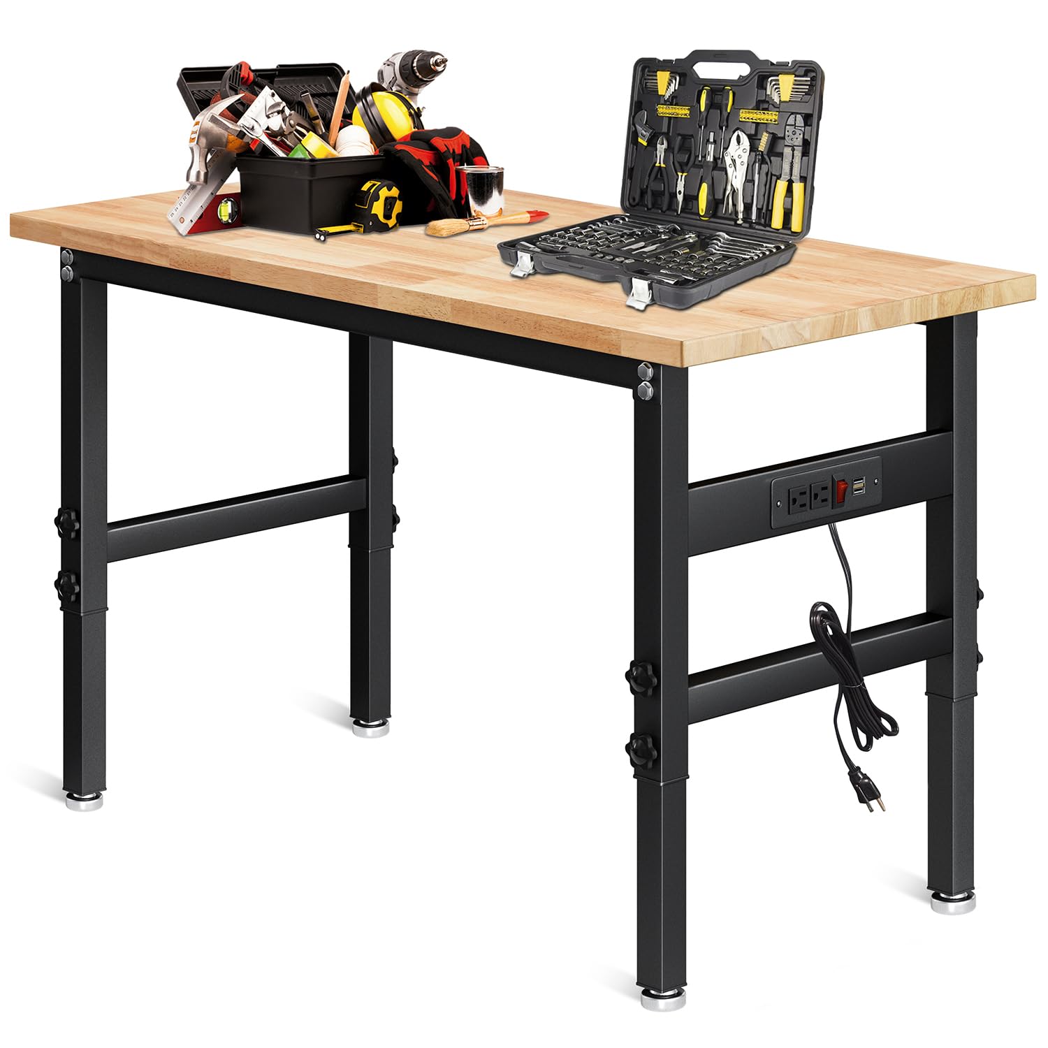 48" Adjustable Work Bench with Power Outlet, Oak Hardwood Top - Heavy ...