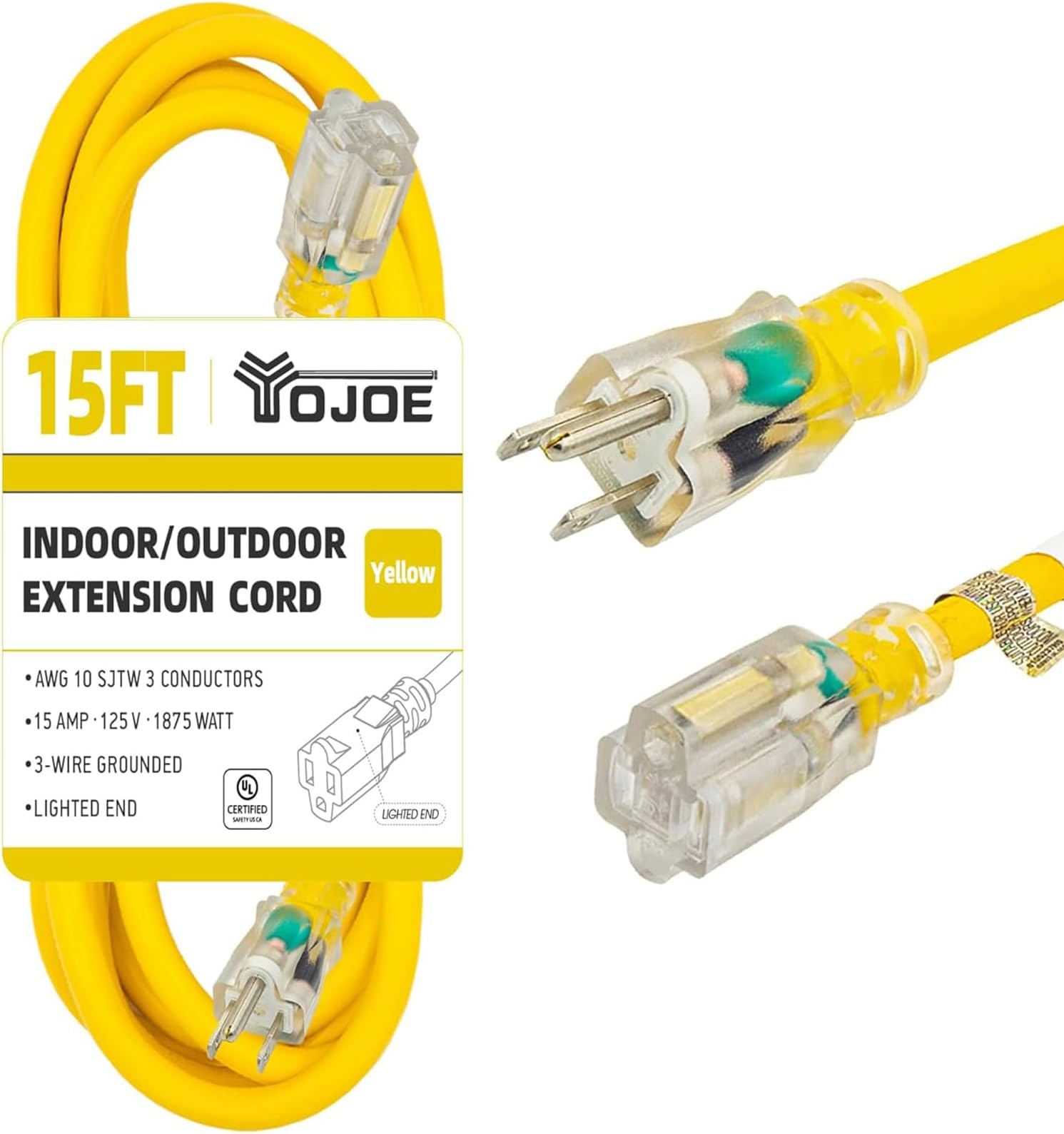 YOJOE Indoor Outdoor Extension Cord with Lighted End, 3 Prong 15A ...