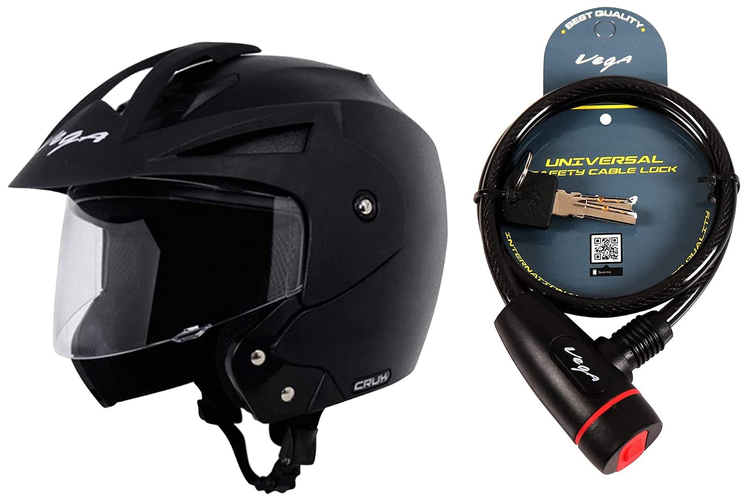 Vega Crux Open Face Black Helmet-L & Multipurpose Cable Lock Black ...