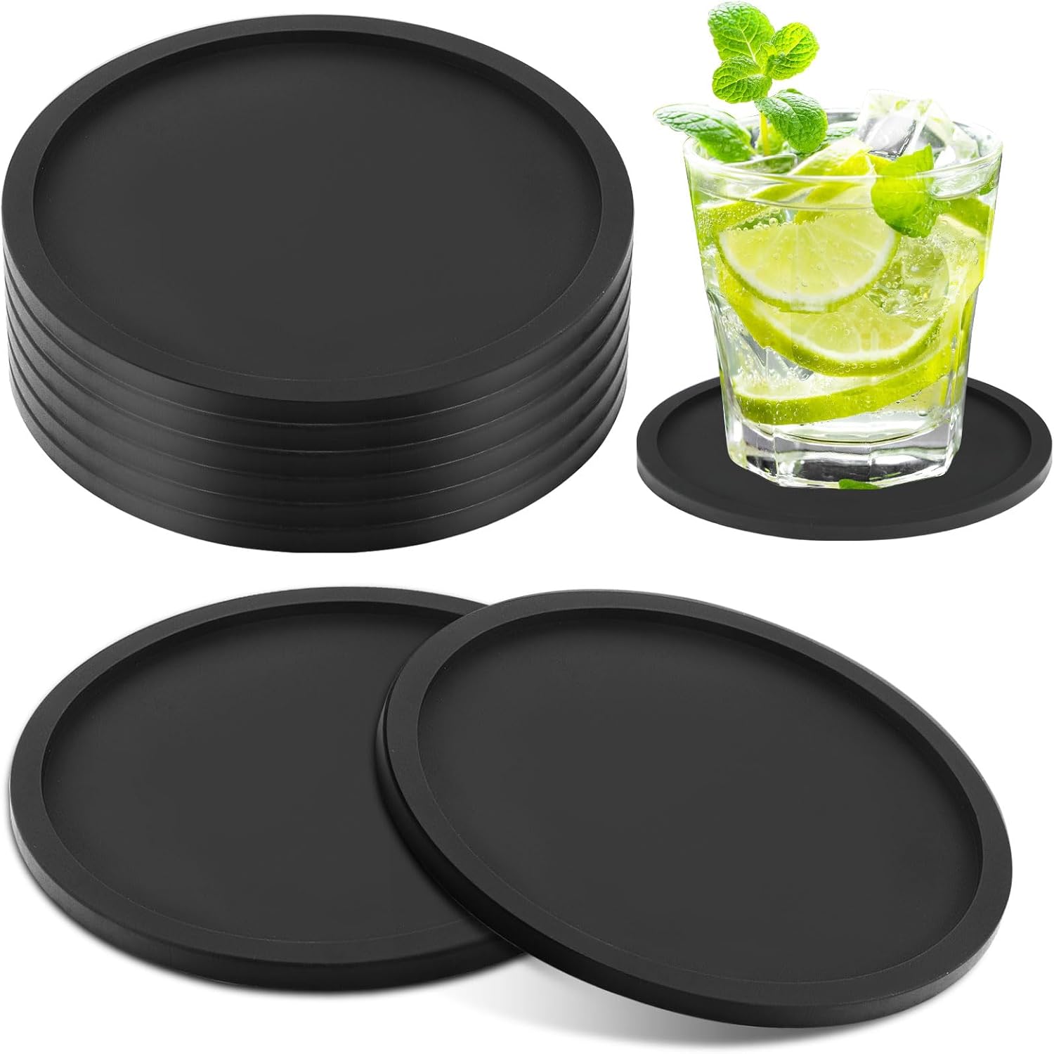8 PCS Black Coasters, Silicone Thick Design(0.2inch) Round Mugs ...
