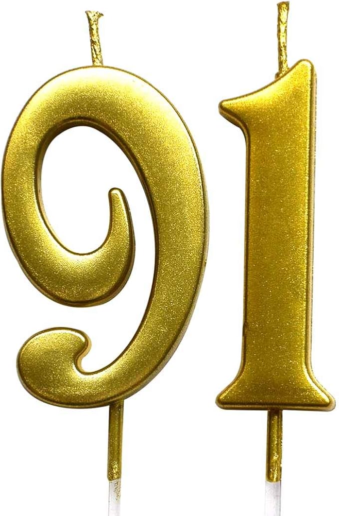 Amazon.com: MAGJUCHE Gold 91th Birthday Numeral Candle, Number 91 Cake ...