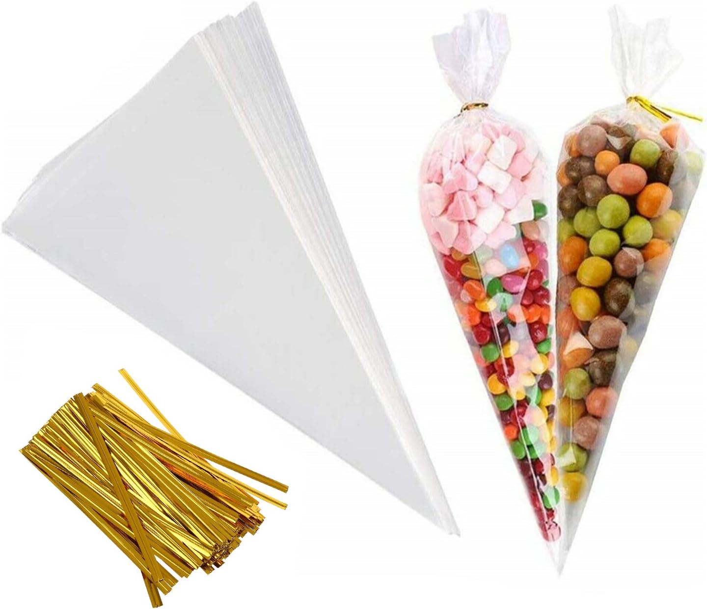 Cone Bags, 100 Pcs Transparent Candy Bags with Golden Twist Ties, 15 ...