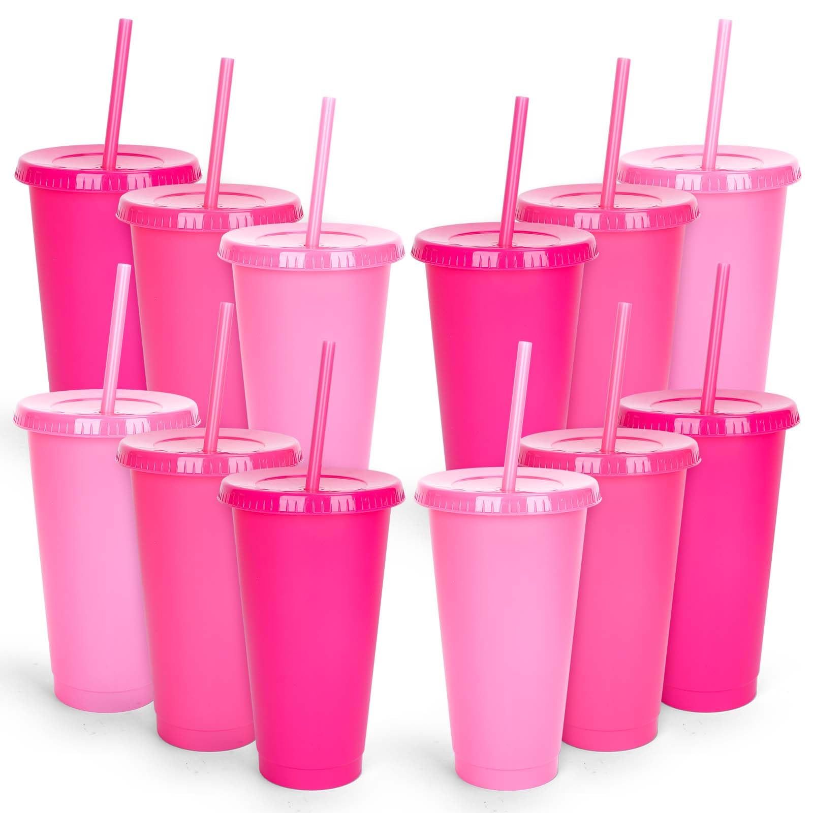 Amazon.com | Whaline 12Pcs Hot Pink Plastic Cups with Flat Lids Straw ...