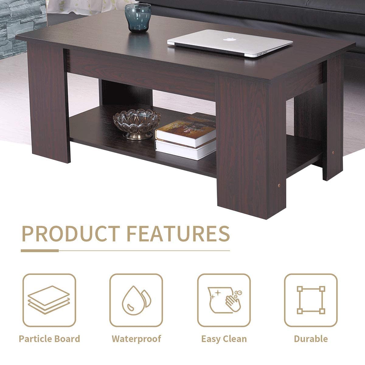 Wood Lift up Top Coffee Table Laptop Desk with Hidden Compartment and ...