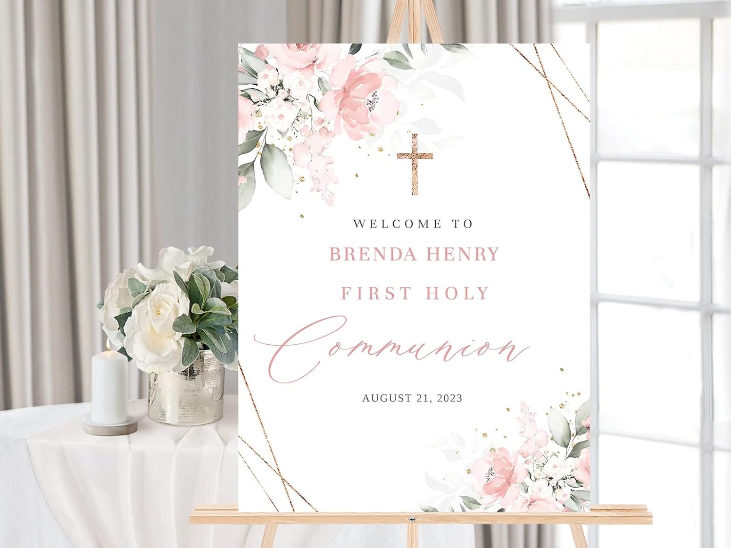 Amazon.com : Pink First Holy Communion Welcome Sign, Editable Communion ...