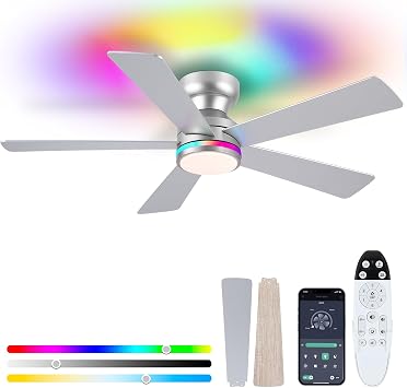 RGB Ceiling Fans with Lights, 46" Flush Mount Ceiling Fan with Remote ...