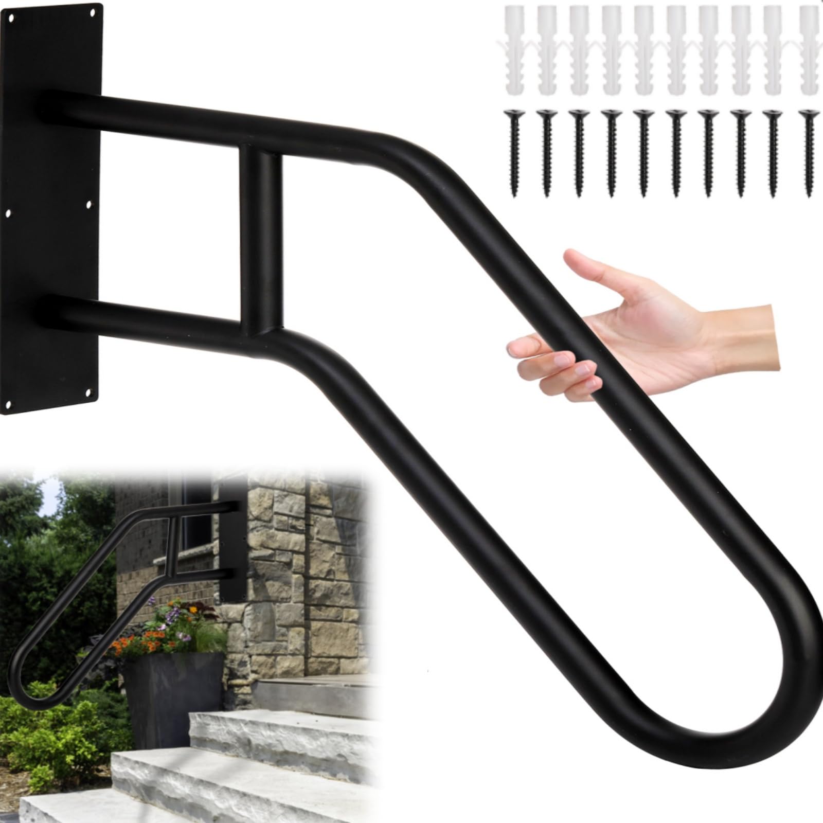 Tlence 23" Heavy Duty Handrail for Outdoor, 1-4 Steps Non-Slip U-Shape ...
