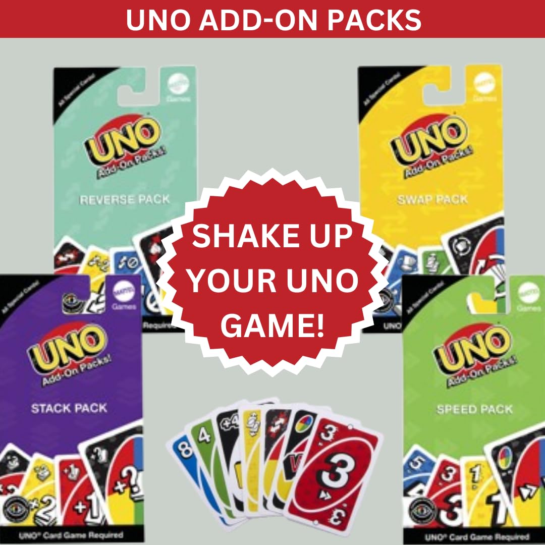 Mattel Uno Card Game with 4 Add-On Packs & Scorecard – Travel-Friendly ...