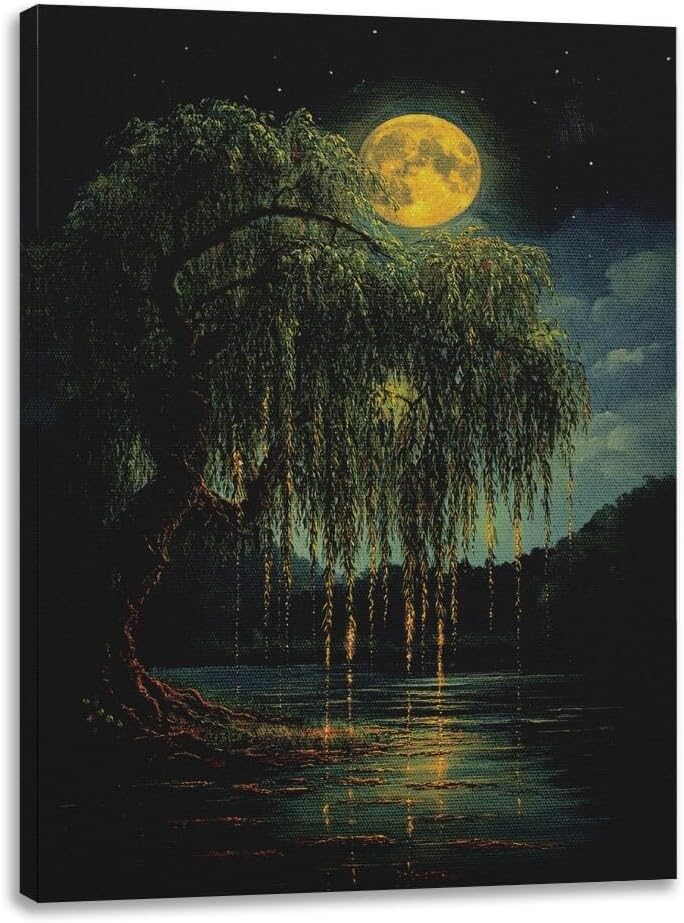 Amazon.com: Full-Moon Over Weeping Willow Tree by the Lake Art Poster ...
