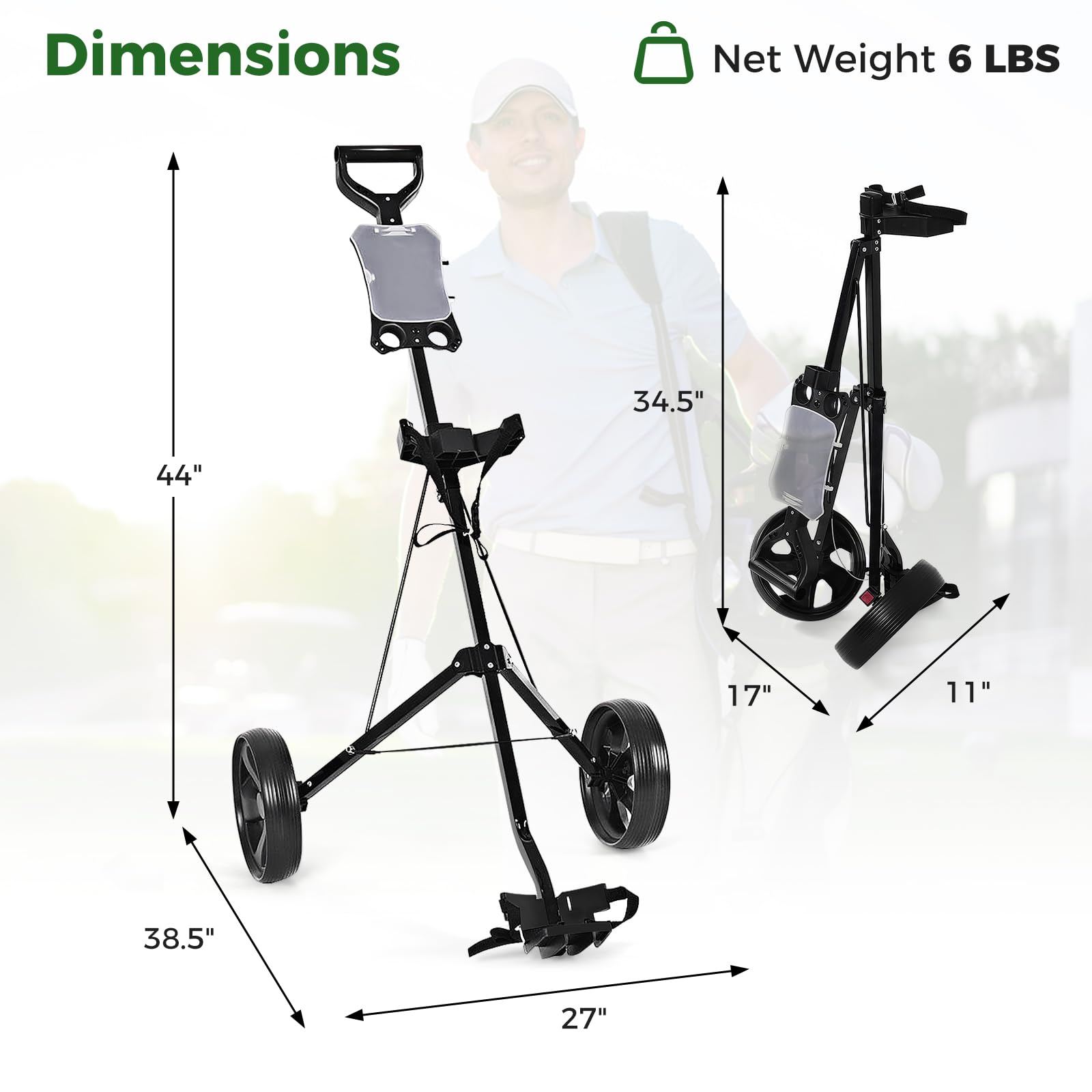 Snapklik.com : Golf Push Pull Cart, Lightweight Foldable 2 Wheels Push ...