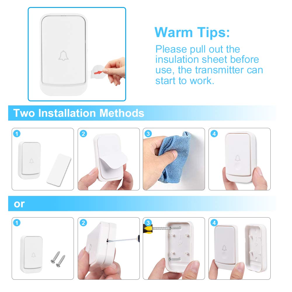 JISUSU Wireless Doorbell,IP44 Waterproof Twin Wall Plug-in Cordless ...