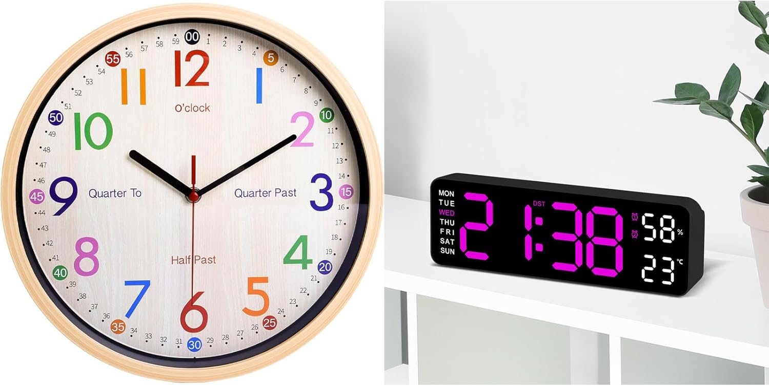 Amazon.com: JoFomp 2 Pieces Wall Clock, 12 inch Teaching Clock for Kids ...