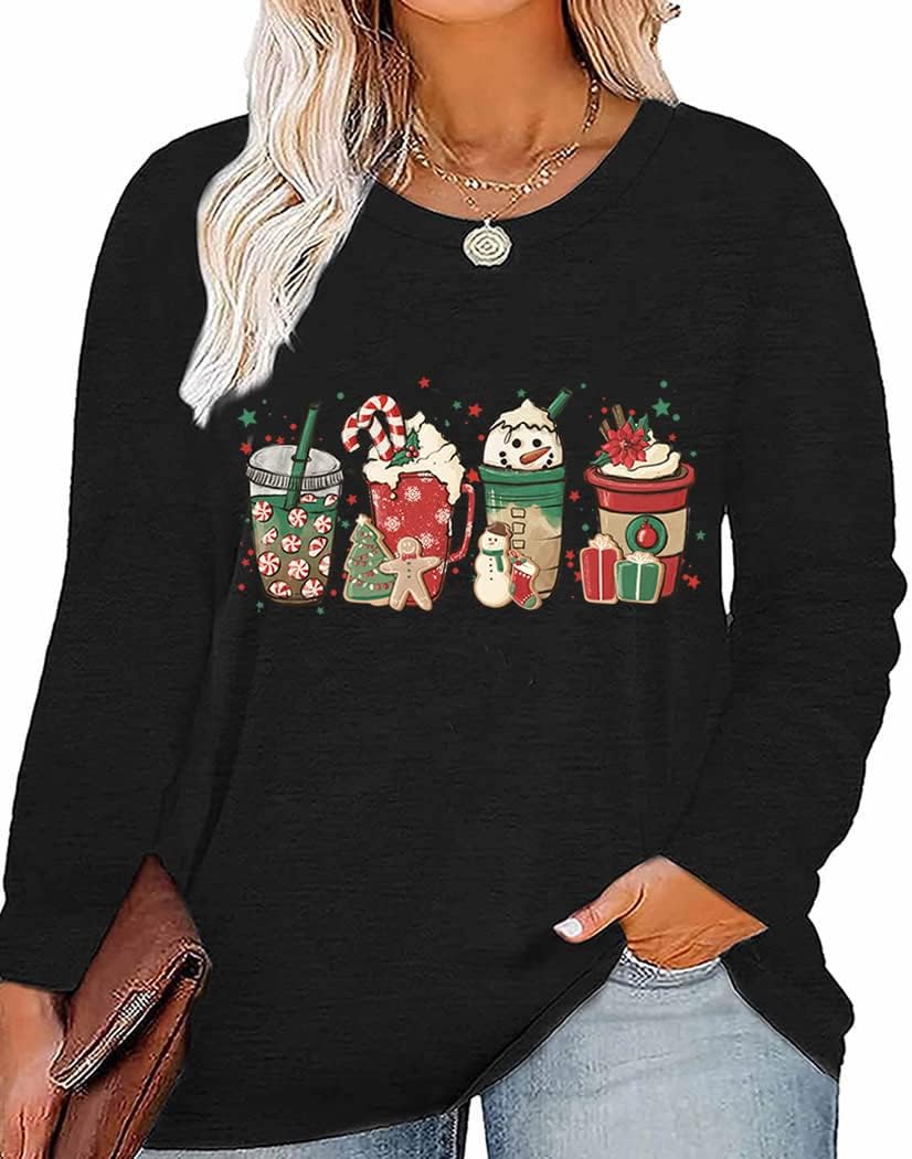 GeLivable Plus Size Women T-Shirt Christmas Candy Snowman Gift Funny Casual Long Sleeve Graphic ...