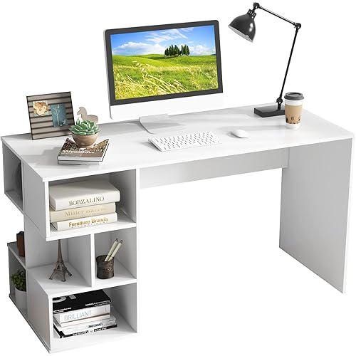 Amazon.com: Tangkula 55” White Desk with Bookshelf, Modern Home Office ...