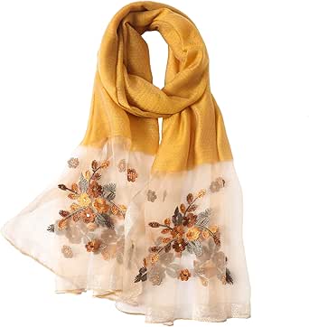 WINCESS YU Women Mulberry Silk Scarf Lightweight Embroidered Floral ...