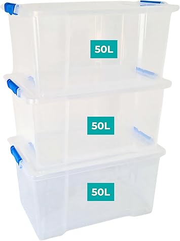 Klass Home Collection 3 x 50 Litre Storage Boxes with Lids Set of 3 ...