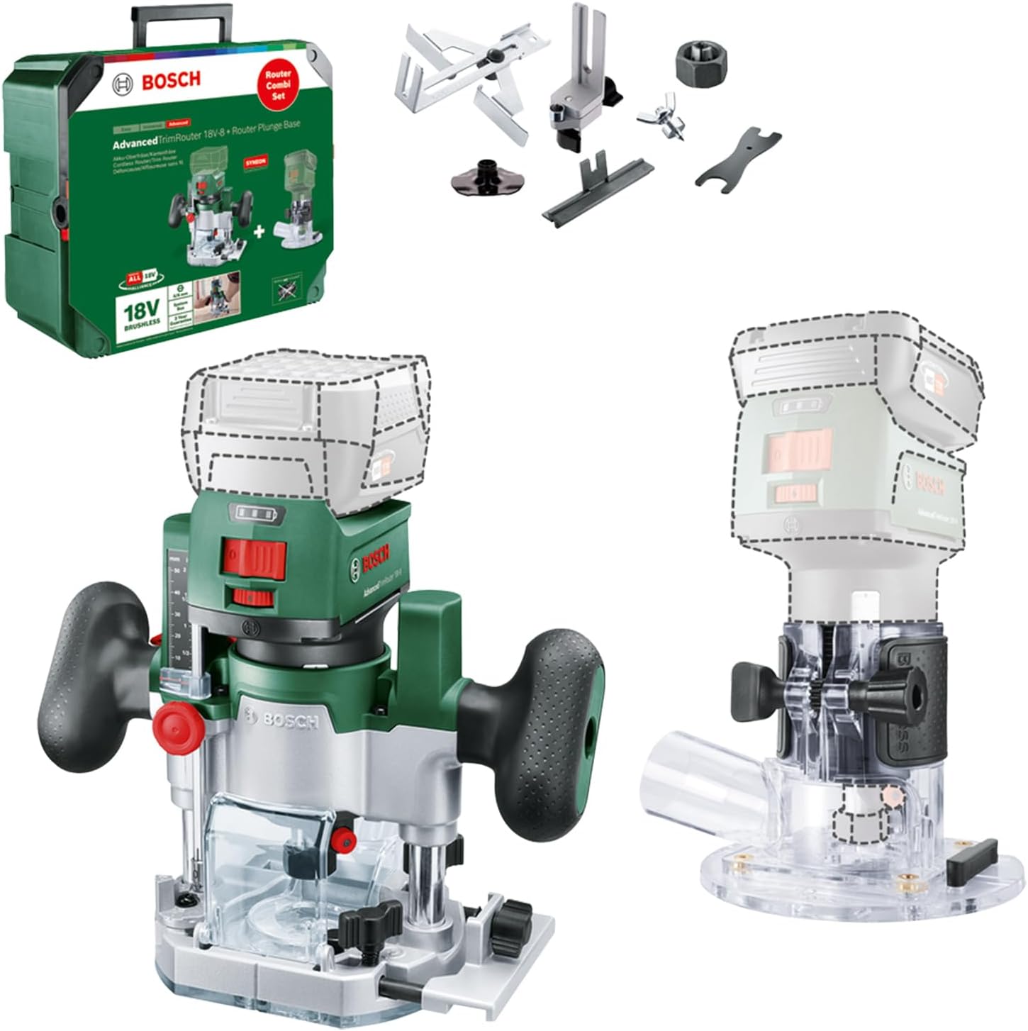 Bosch 2in1 Cordless Trim-/Plunge Router Combi Set AdvancedTrimRouter ...
