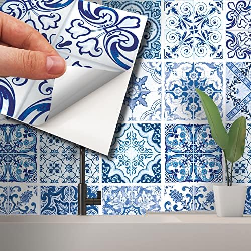 WALPLUS Blue Tile Stickers for Bathroom 15x15cm(6") Removable Kitchen ...
