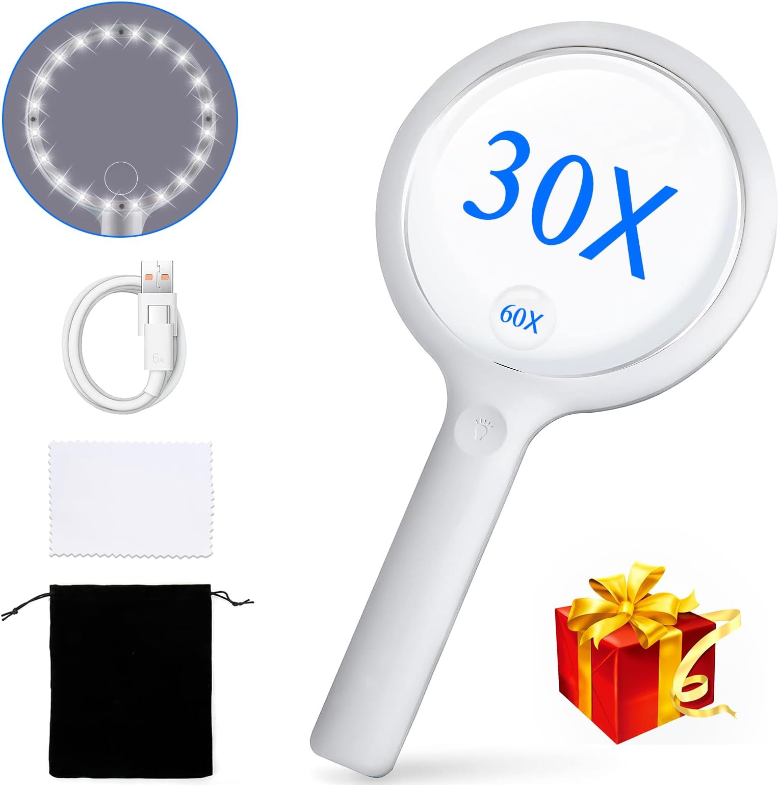 Lupe mit Licht 60 Fach Vergrößerung Handlupe mit 14 LED 30X Senioren ...