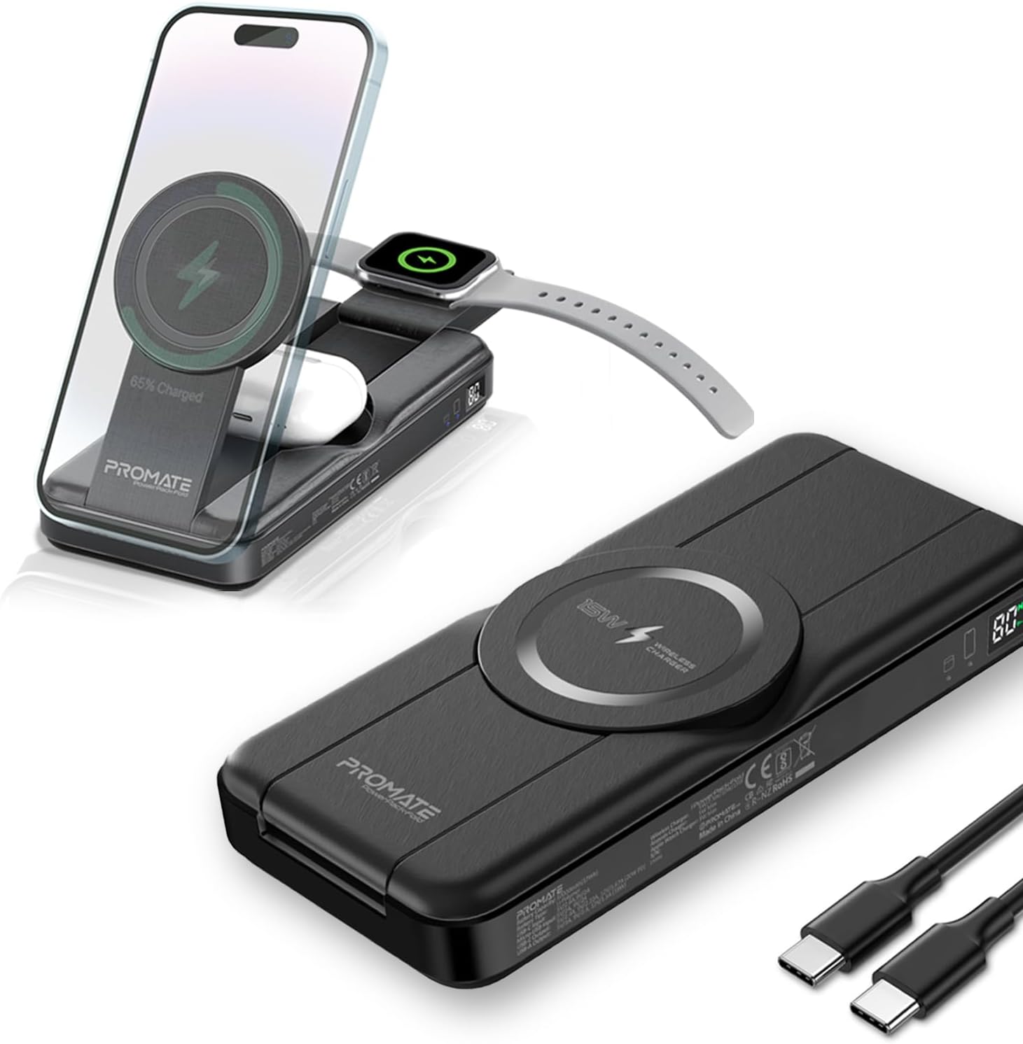 Promate Powerpack-Fold 5 in 1 Magsafe Power Bank, 10000mah 15W Foldable ...