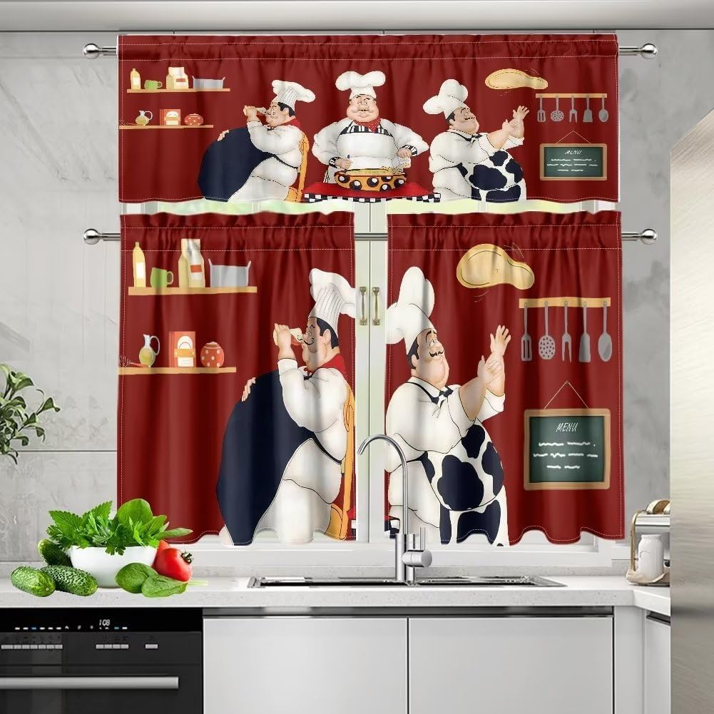 Amazon.com: Chef Gnome 3 Piece Kitchen Curtains, Fat Chefs Decor for ...