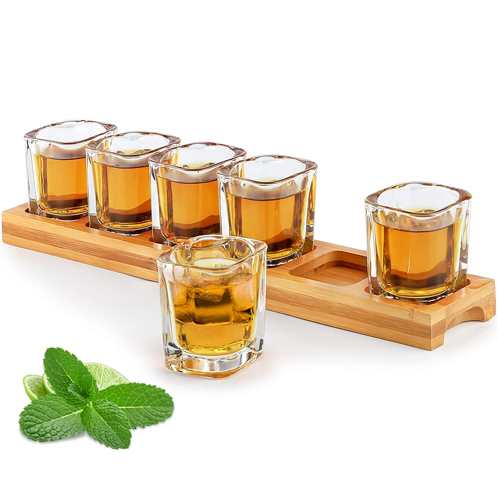 Shot Glasses Set of 6 Glass Shot Glasses with Tray 2oz/60ml 6pcs Square ...