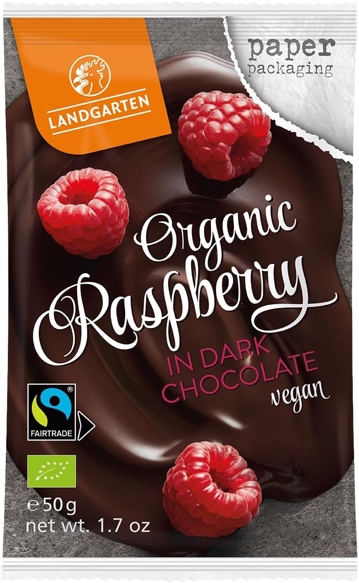 LANDGARTEN 62% Cocoa Organic Dark Chocolate Vegan Raspberries 50g Bag ...