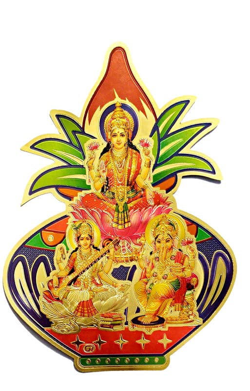 VCARTNOW Laxmi Ganesh Saraswati with Kalash Gold Foil Embossed Sticker ...