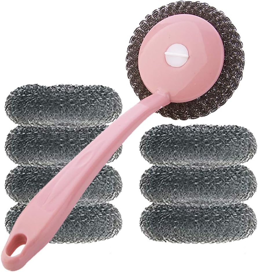 Kitchen Stainless Steel Sponges Scourer Set with Handle Pack of 8, Pot ...