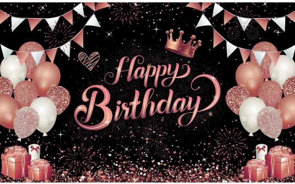 Happy Birthday Banner, 110 x 180 cm Black Rose Gold Birthday Decoration ...