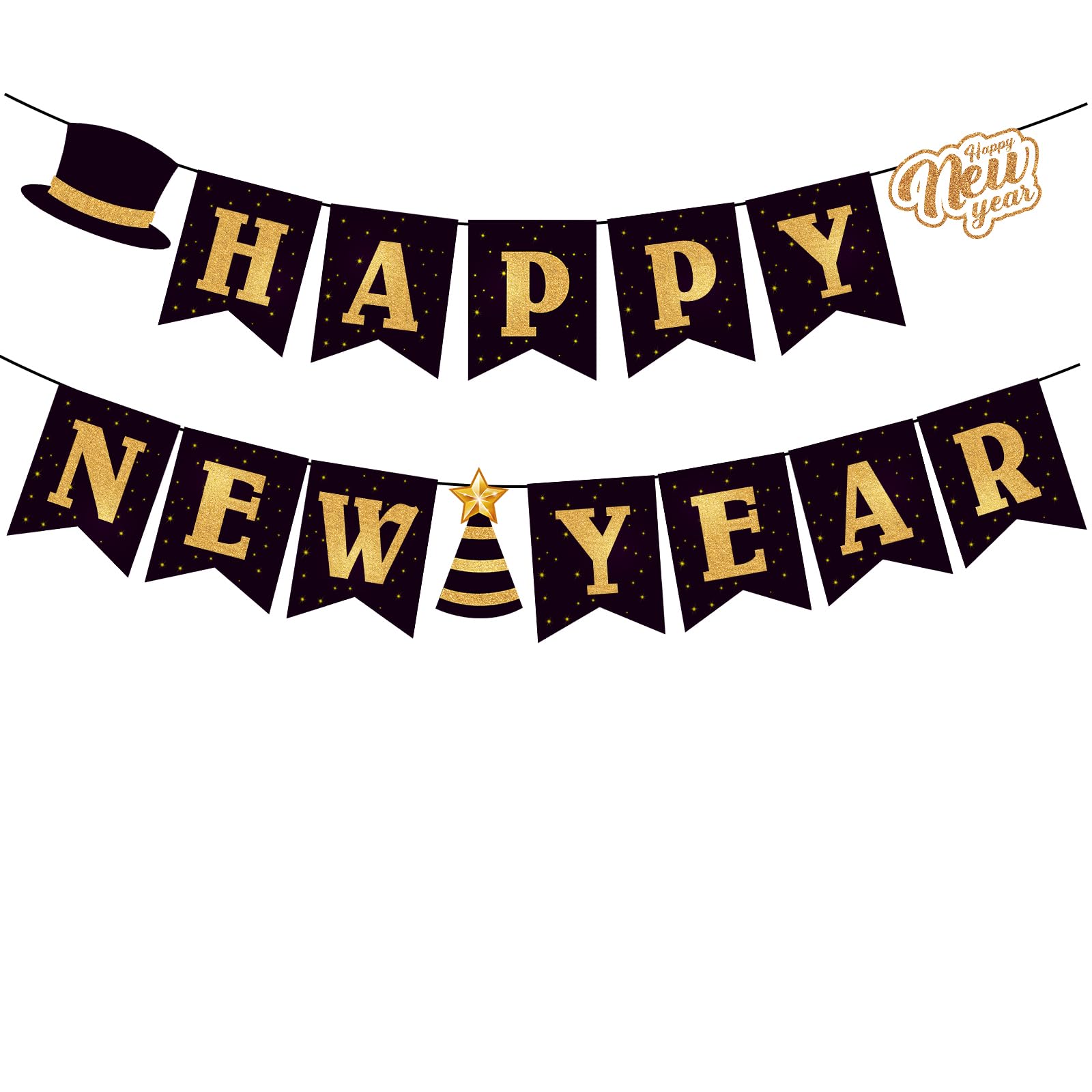 Amazon.com: Happy New Year 2025 Banner, Black and Gold Happy New Year ...