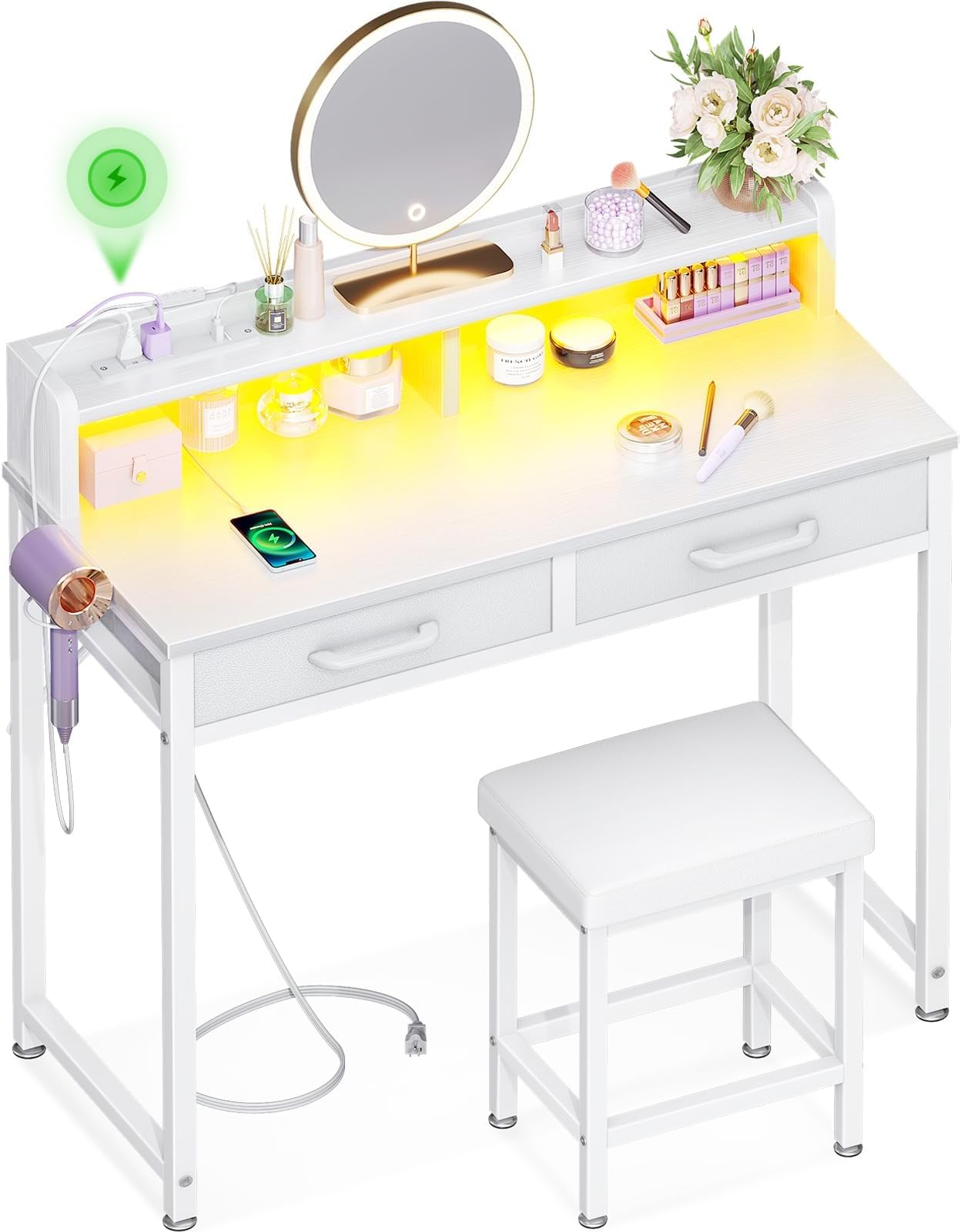 Amazon.com: VEELOK Vanity Desk White with Small 3 Color Lighted Mirror ...