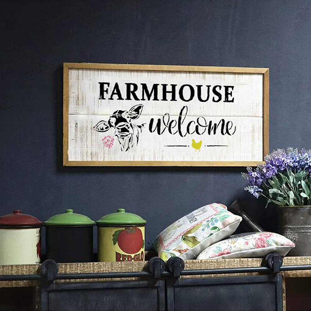 Farmhouse Welcome Stencil Printable Wood & Canvas Wall Hanging,
