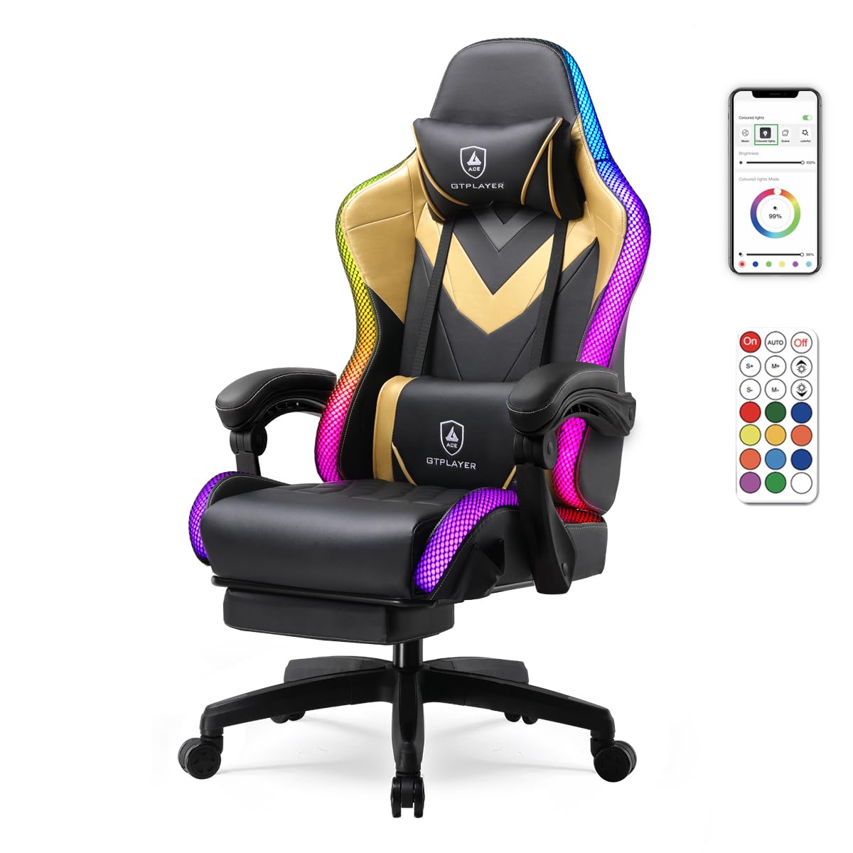 GTPLAYER Gaming Chair, RGB Gaming Chair with LED Lights, Video Gaming ...