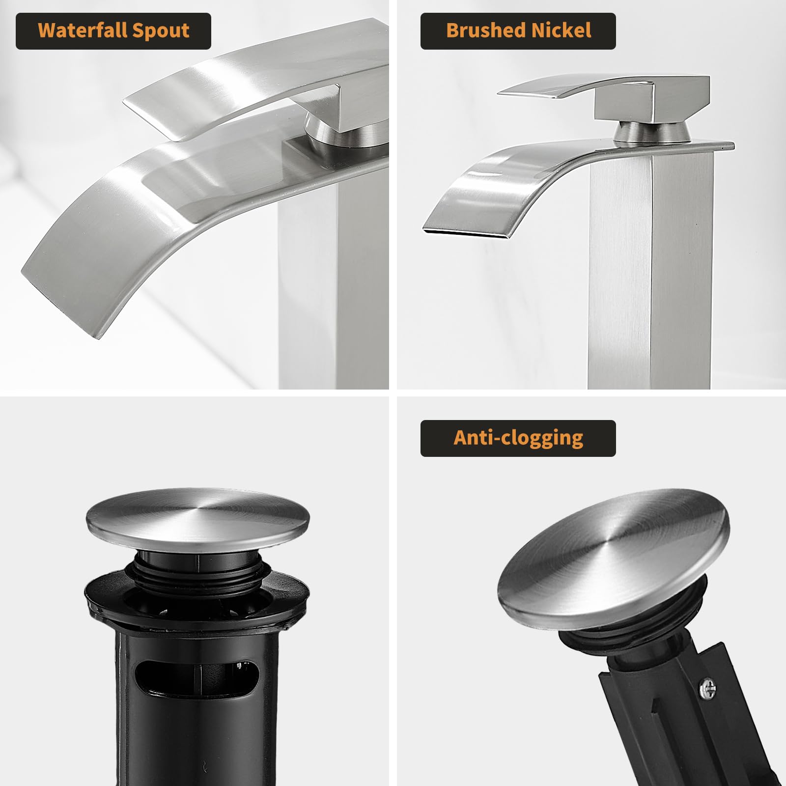 Hoimpro Brushed Nickel Waterfall Bathroom Faucet with cUPC Supply Lines ...