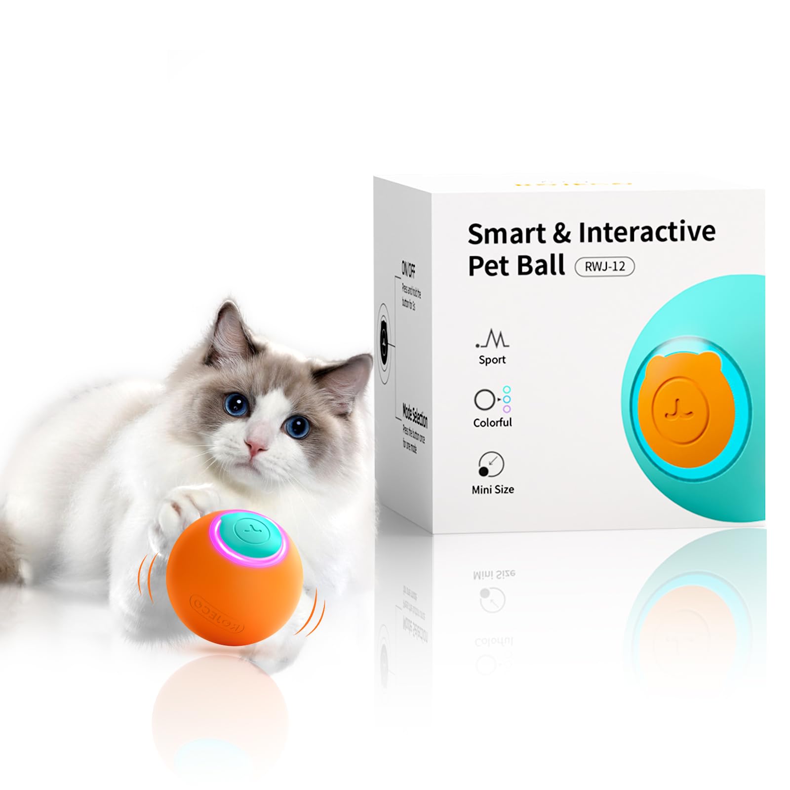 ROJECO Interactive Cat Toys Ball, 360°Auto Rolling Rotating Bouncing ...