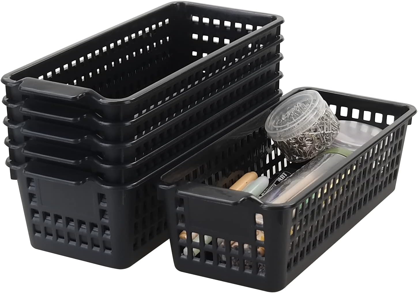 Amazon.com: Bringer 6-Pack Slim Plastic Storage Baskets, Black Plastic ...