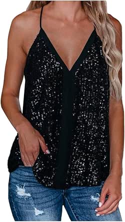 Amazon.com: Sequin Sleeveless Tops for Women Sexy V Neck Vest Suspender Sparkle Shimmer Rave ...