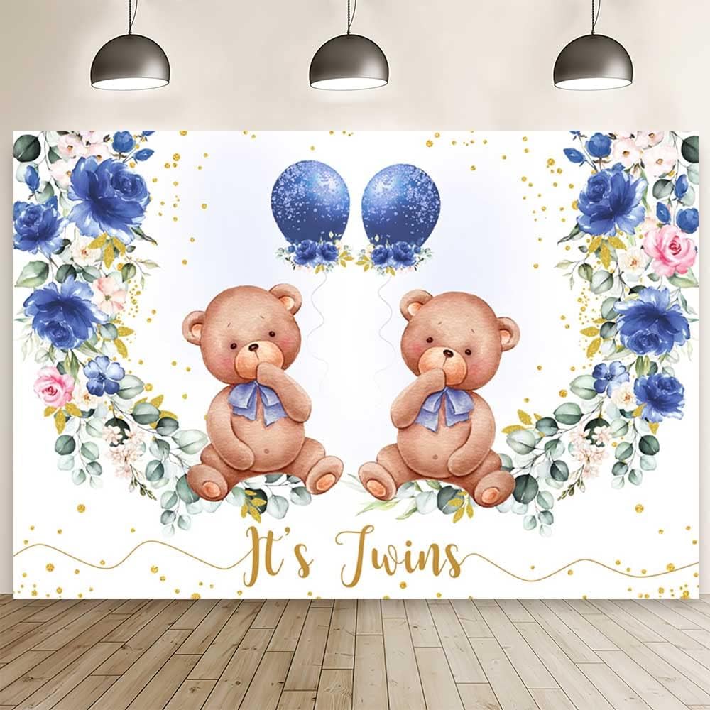 Amazon.com : AIBIIN 8x6ft Twin Bear Boy Baby Shower Backdrop It'S Twins ...